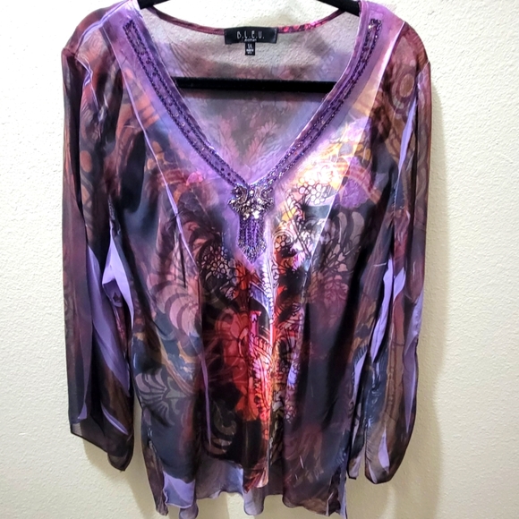 B.L.E.U. | Tops | Bleu Metallic Flowy Long Sleeve Blouse With Sequin ...